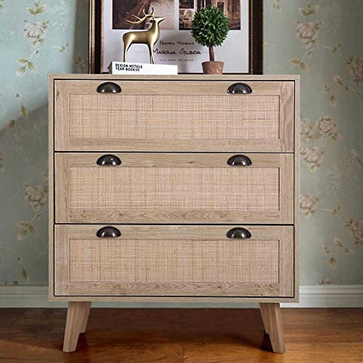 Sophia & William Rattan Cabinet Boho Dresser 3-Drawer Chest of Drawers/Accent Storage Cabinet/Nightstand for Bedroom Living Room
