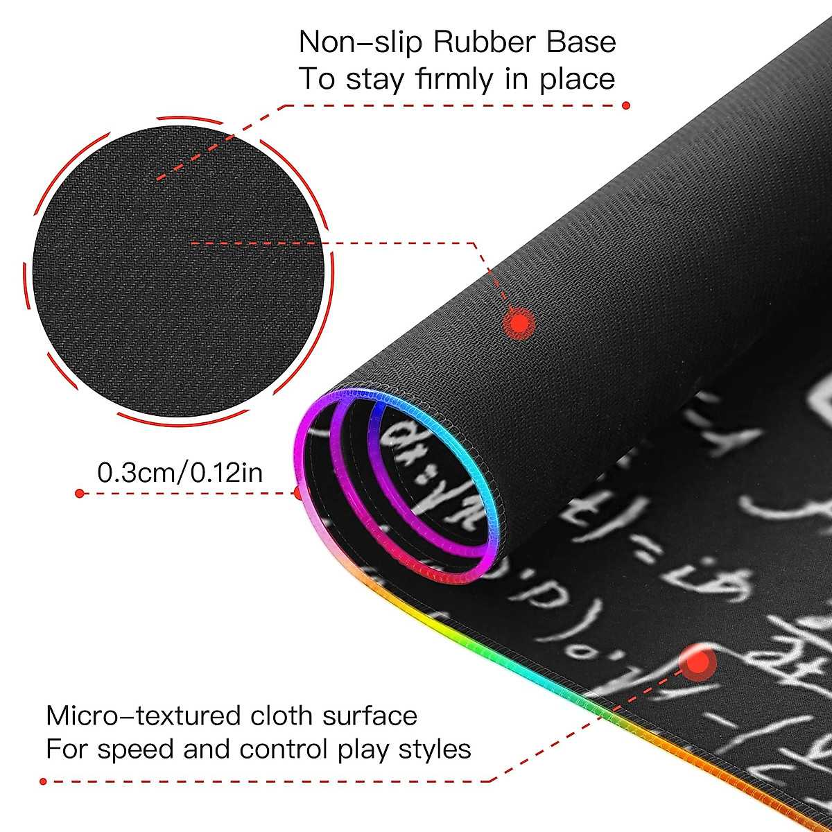 Large RGB Gaming Mouse Pad Blackboard Inscribed Scientific Formulas Calculations Physics Glowing Extended Mousepad 31.5x11.8in, Soft Anti-Slip Rubber Base Luminous Mouse Mat for Pc Laptop, Gaming, of