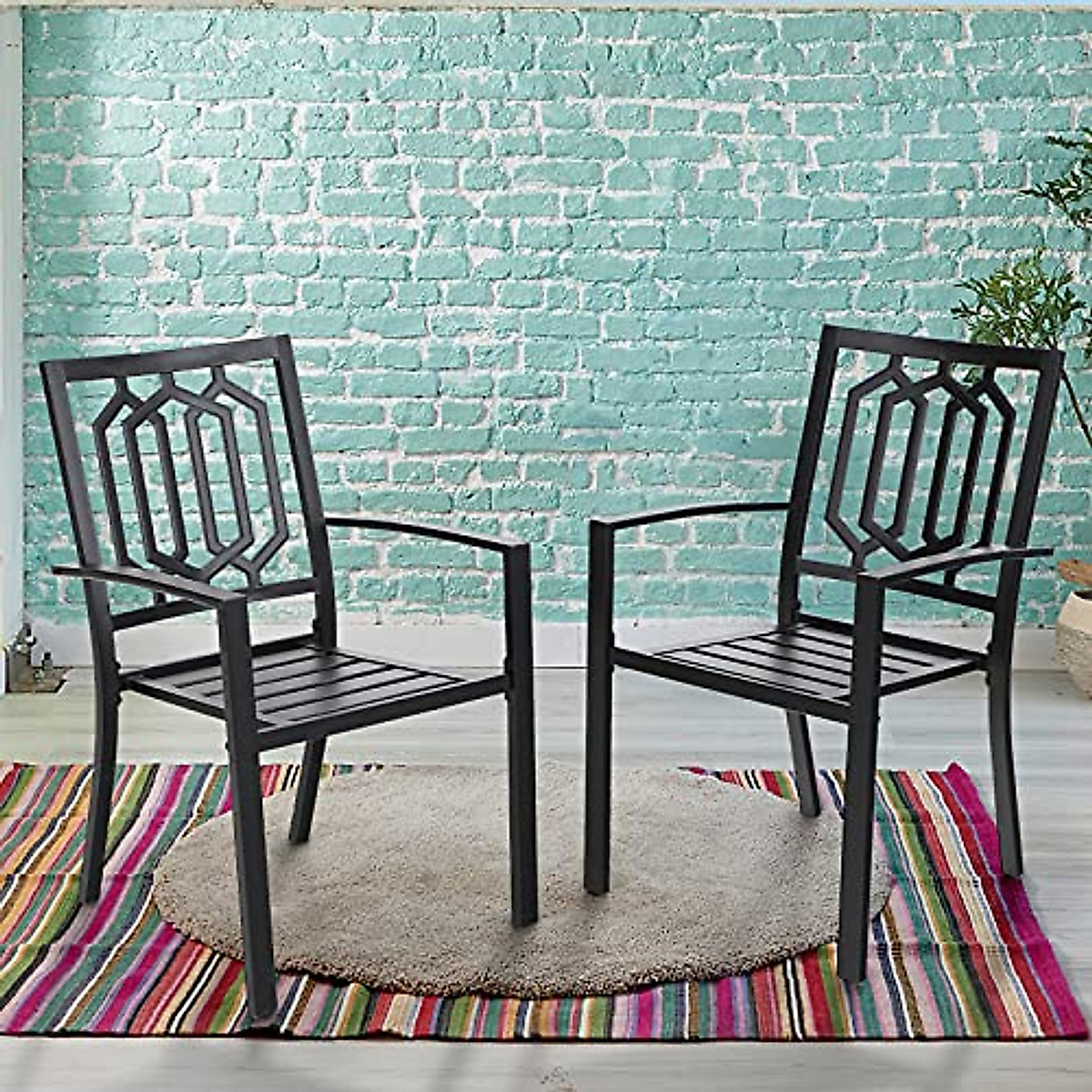 PHI VILLA Outdoor Dining Chairs Metal Patio Bistro Stackable Chairs Set of 2, Black
