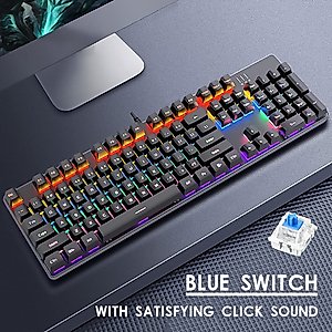 Alkem Mechanical Gaming Keyboard with Rainbow Backlit 104 Keys Gaming Keyboard USB Wired Keyboard with Blue Switch Anti-Ghosting Full Size Keyboard for Windows PC MAC Games (Black)