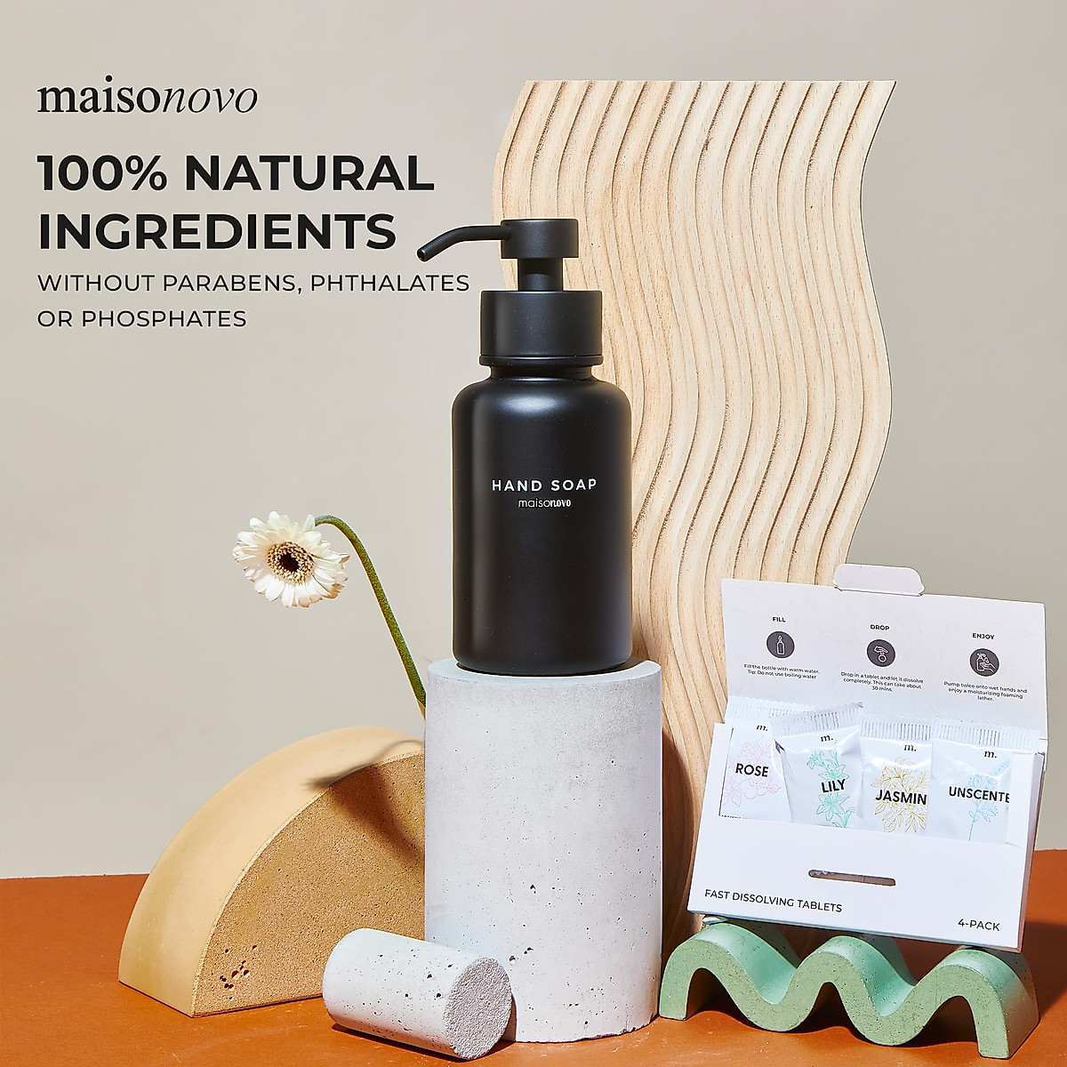 MaisoNovo Shampoo and Conditioner Dispenser with Wall Mounts - 3 Amber Plastic Bottles Black Pump - 4 Mixed Pack Foaming Hand Soap Refill Tablets