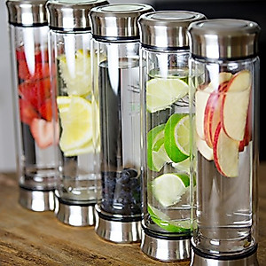 UEndure Tea Tumbler with Infuser - BPA Free Double Wall Glass Travel Tea Mug with Stainless Steel Filter - Watertight Tea Bottle with Strainer for Loose Leaf Tea and Fruit Infused Water 14oz