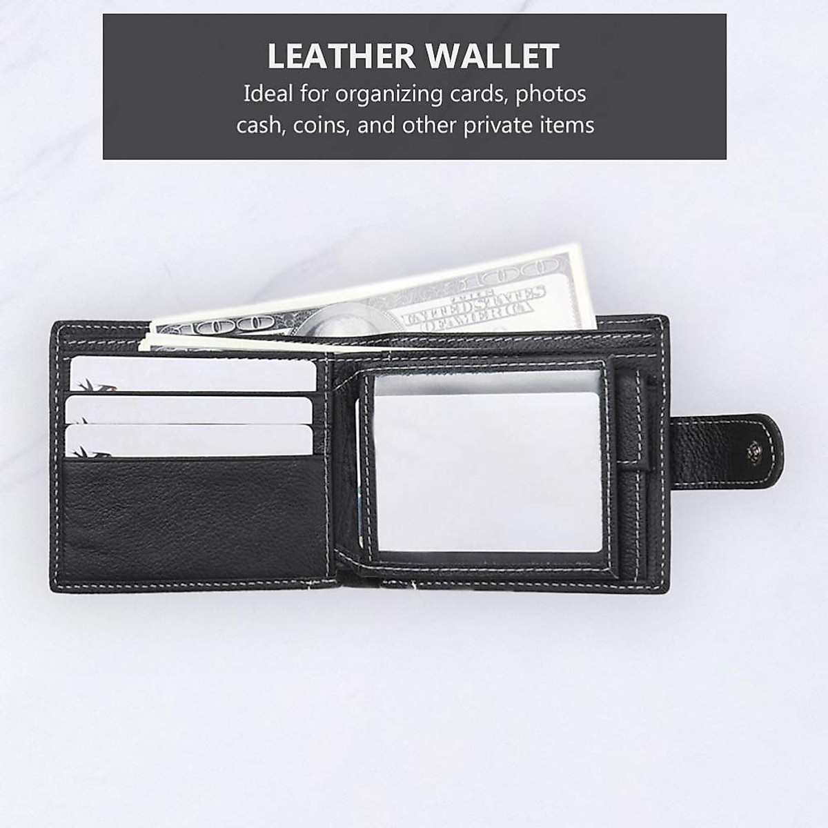 Amosfun Button Wallets for Men snap Wallet with Zipper Coin Pocket Mens Leather- Mens Wallet Buckle Stitching Wallet Coin- Purse Storage Bag (Black)