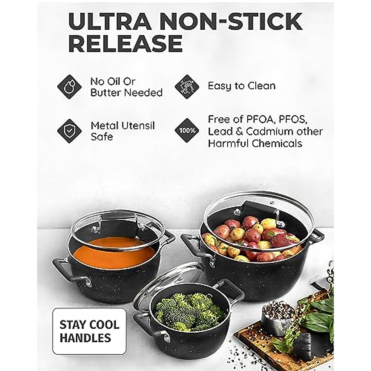 Granitestone 6 Pc Stackable Pot Set, Nesting Non Stick Pots with Lids, Cooking Pots Set, Stock Pot Set with 1.5/3 / 5 Qt Pots with Lids, Induction Cookware, Dishwasher Safe, Non Toxic - Black