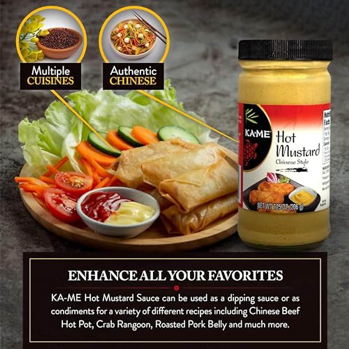 KA-ME Hot Mustard 7.25 oz, Asian Ingredients and Flavors, No Preservatives/MSG, Condiments For Egg & Spring Rolls, Fried Wonton, Roasted Pork Belly, Chinese Beef Hot Pot and Many More