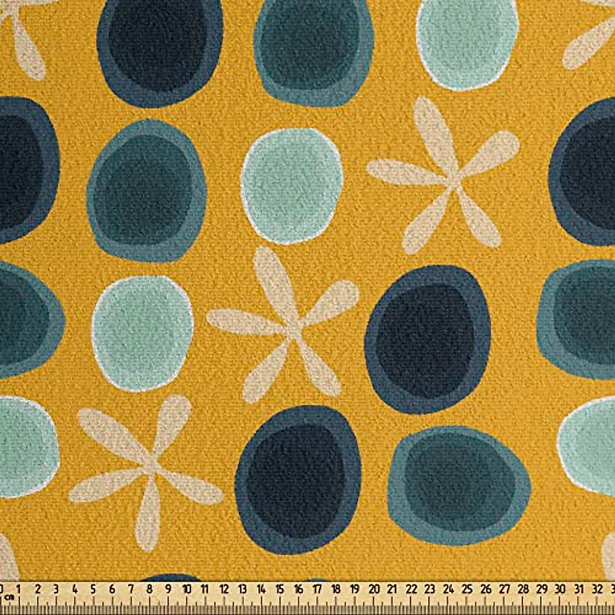 Ambesonne Modern Teal Faux Suede Fabric by The Yard, Circles and The Flowers Abstract Style of Drawing Illustration, for Indoor Outdoor DIY Projects Upholstery, 1 Yard, Mustard and Petrol Blue