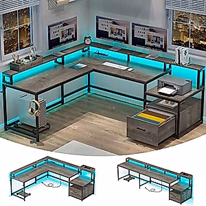 SEDETA L Shaped Desk, 66" Home Office Desk with File Drawer & Power Outlet, Gaming Desk with Led Lights, Corner Computer Desk with Monitor Shelf, Printer Storage Shelves, Two Person Desk, Grey