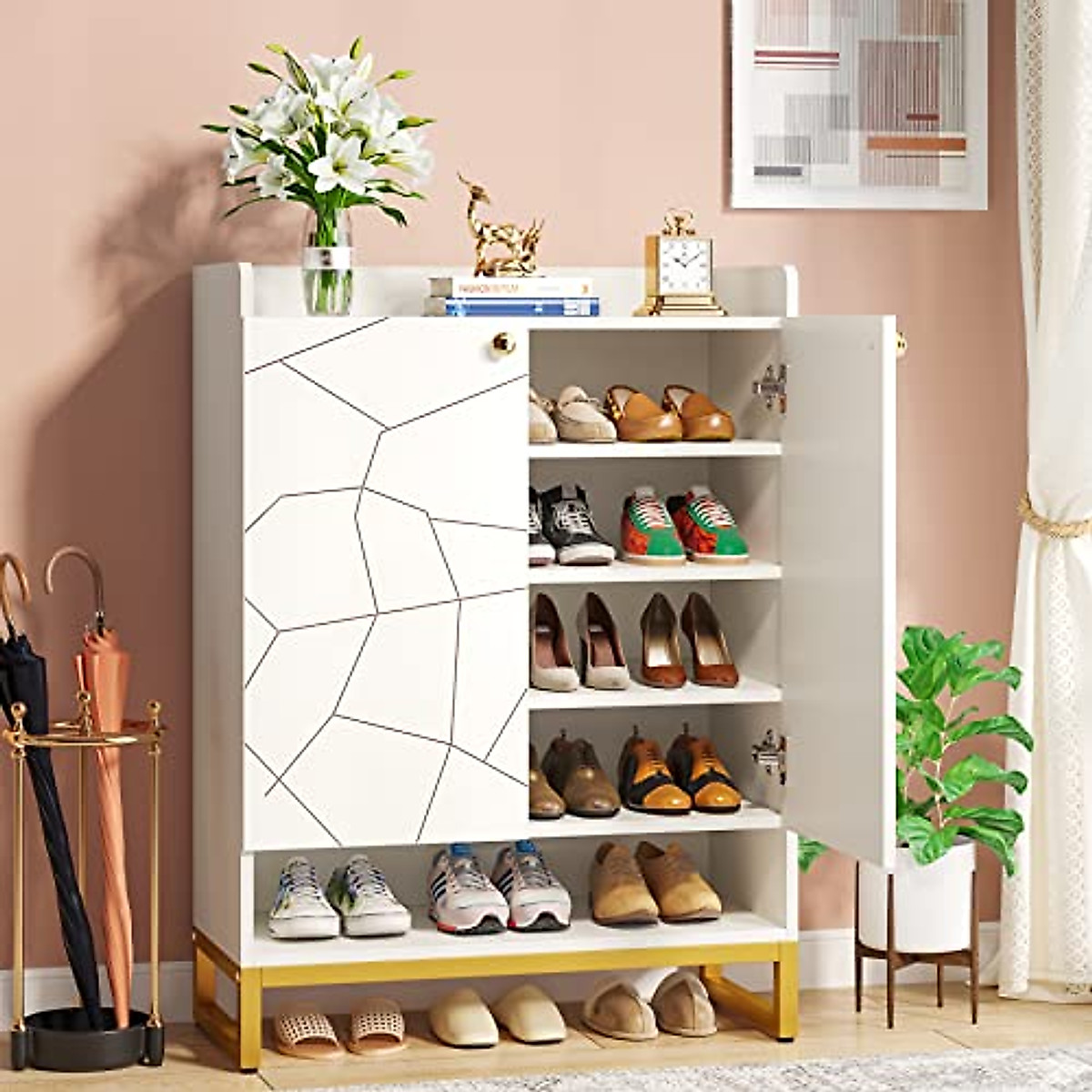 LITTLE TREE White and Gold 5-Tier Shoe Cabinet with Storage, 2-Door Shoes Organizer Cabinets for Entryway