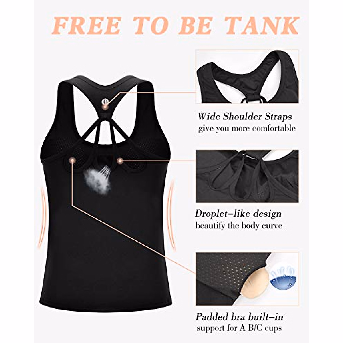 RUNNING GIRL Tank Top for Women, Workout Ribbed Black Sports Bra Racerback Long Tank Tops Loose Fit Plus Size (BX2356 Black.CN:XL,US:L)