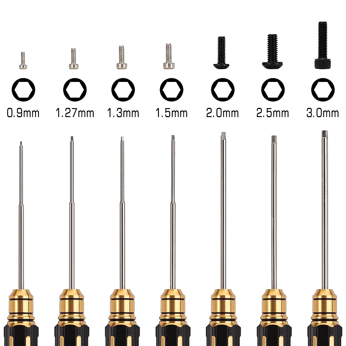 INJORA RC Hex Screw Driver Set-7PCS RC Car Tool Kit 0.9, 1.27, 1.3, 1.5, 2.0, 2.5, 3.0mm Hexagon Allen Screwdriver Wrenches Sets, RC Repair Tool Kit for RC Model Helicopter Drone Boat Car