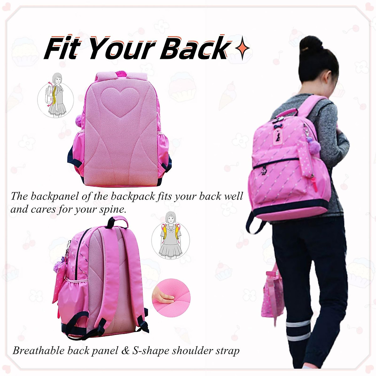 VIDOSCLA 3Pcs Heart Printing Backpack Sets Bowknot Primary Schoolbag Travel Daypack Shoulder Bag Girls Rucksack knapsack