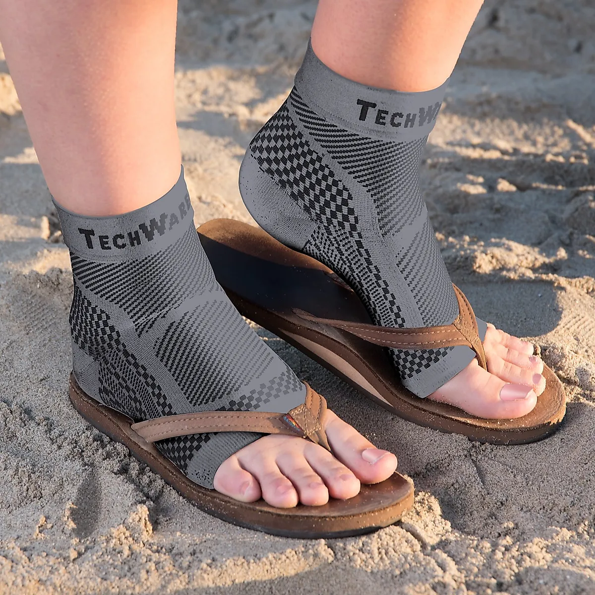TechWare Pro Ankle Brace Compression Sleeve - Relieves Achilles Tendonitis, Joint Pain. Plantar Fasciitis Foot Sock with Arch Support Reduces Swelling & Heel Spur Pain. (Gray, S/M)