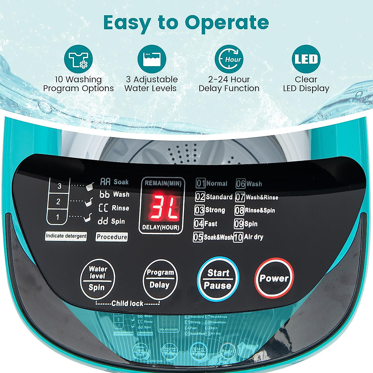 COSTWAY 7.7 Lbs Portable Washing Machine, 0.78 Cu.ft Full Automatic Laundry Machine with 10 Preset Programs, 3 Water Levels, Compact Washer and Spinner Combo for RVs Dorms Apartments, Blue