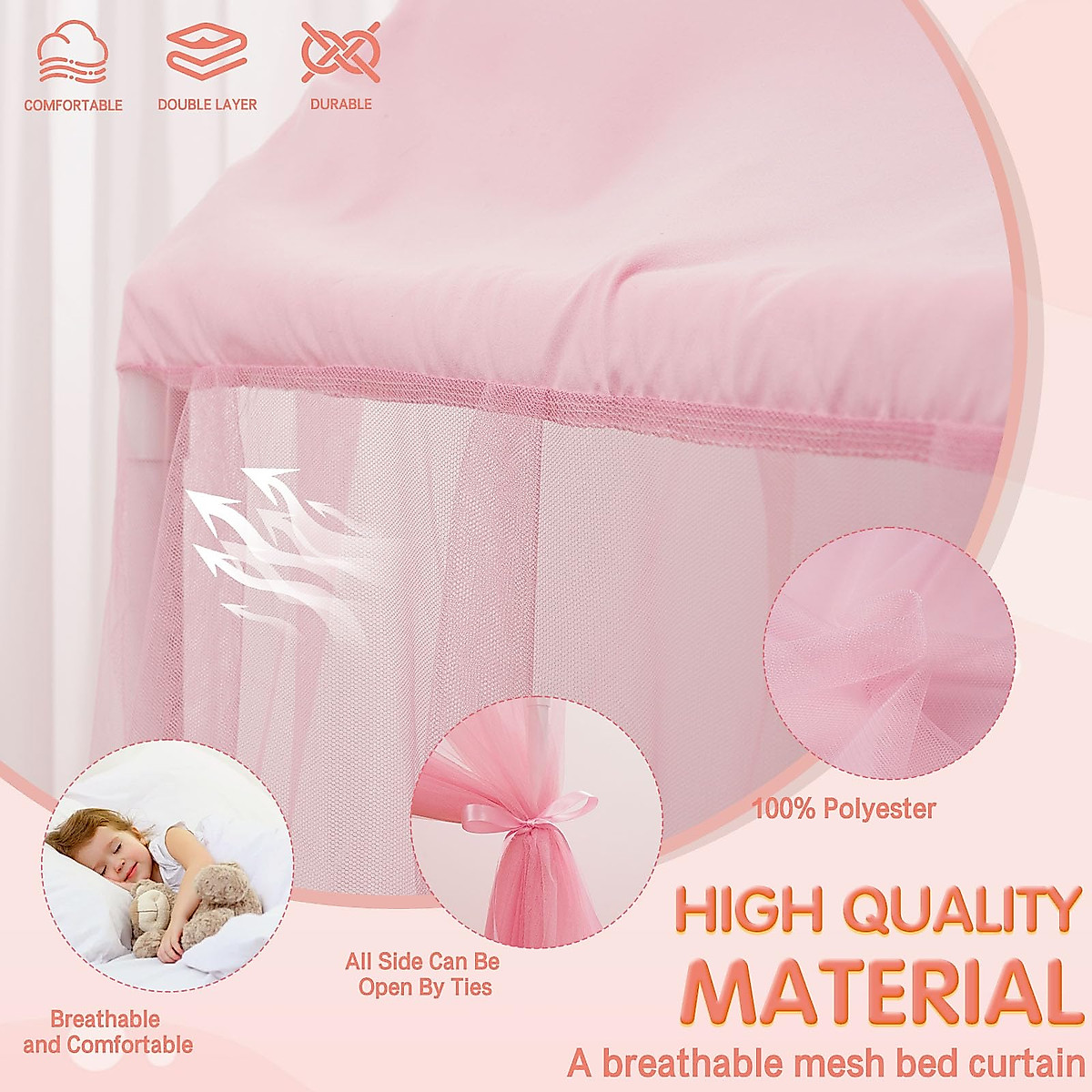 ZRVTM Princess Bed Canopy - Play Tent Bed Canopy Princess Castle Dreamy Playhouse Mosquito Net for Girls Reading Nook Canopies Breathable Canopy Bed Curtains for Kids(Twin,Pink)