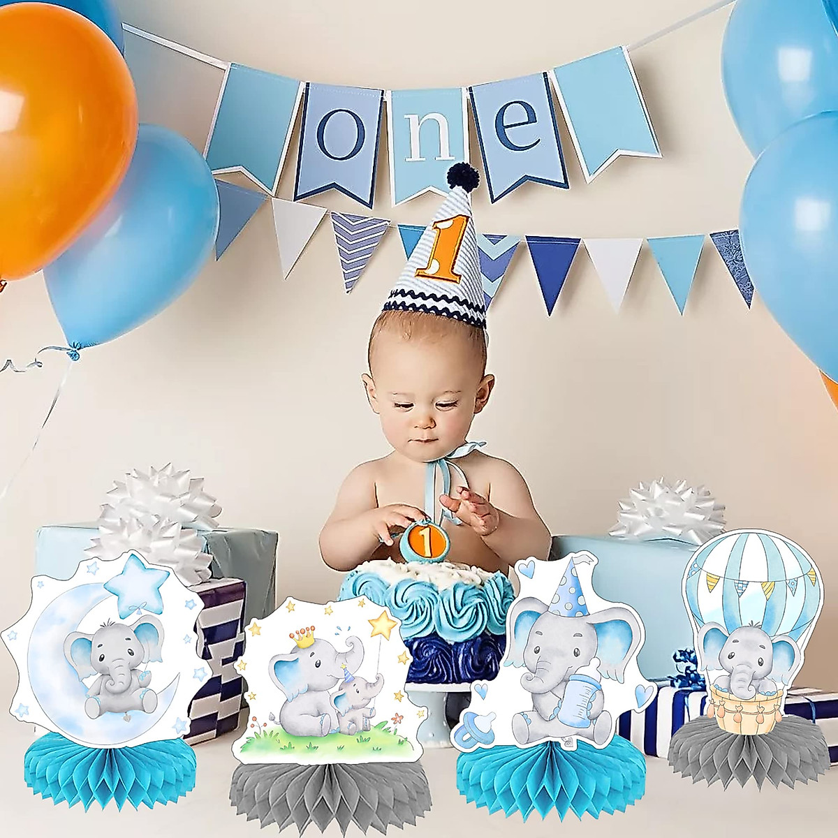 9pcs Blue Elephant Honeycomb Centerpieces Elephant Baby Shower Decorations for Boy Elephant Baby Shower Centerpieces Birthday Party Supplies Table Toppers for Elephant It's A Boy Party Favors for Kids