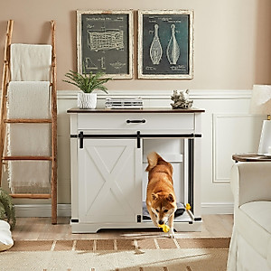 EDYO LIVING 38" Large Dog Crate Furniture with Sliding Barn Door, Wooden Dog Kennel with Drawer for Storage, Water Resistant Indoor Furniture Style Dog Crate for Small/Medium/Large Dog, White