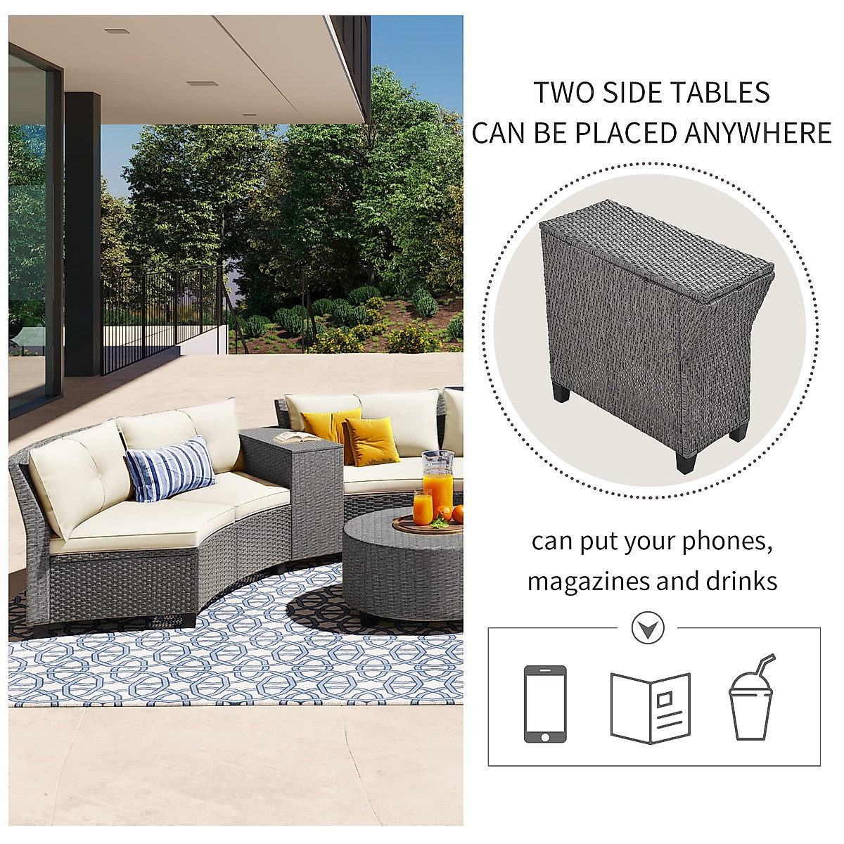 GLIFRON Patio Furniture Sets for 6 Person, Fan-Shaped Half-Moon Curved Outdoor Rattan Sofa with Cushions and Round Table for Porch Lawn Garden Backyard Poolside, Gray+Beige, 1