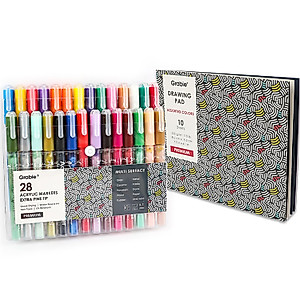 Grabie Acrylic Paint Pens - 28 Color Extra Fine Tip Markers for Painting Various Surfaces - Premium Art Supply Set