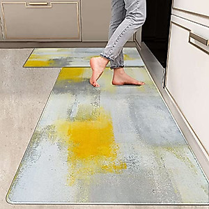 RYANZA 2 Pieces Kitchen Rugs, Abstract Anti Fatigue Non Slip Foam Cushioned Grey and Yellow Art Painting Comfort Indoor Floor Mat Runner Rug Set for Laundry Office Sink Bathroom (17"x48"+17"x24")