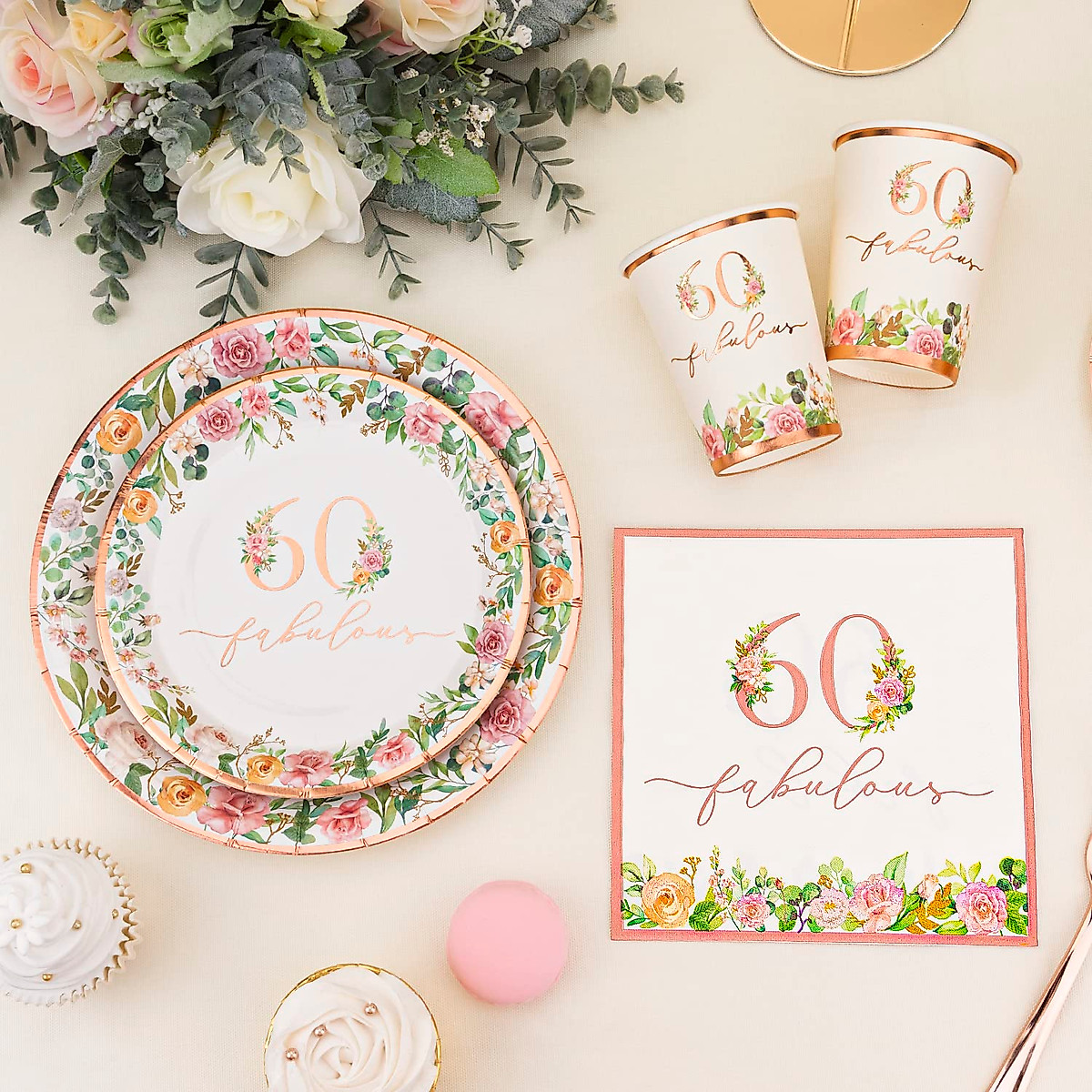 Crisky 60th Birthday Napkins and Plates for Women Rose Gold Floral Party Decoration, 60 and Fabulous Plates and Napkins for Women 60th Birthday.