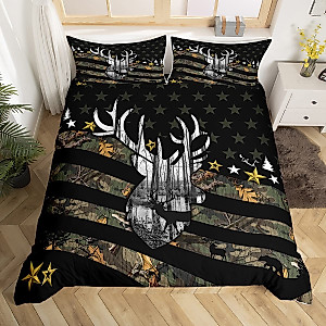 Erosebridal Camouflage Queen Duvet Cover, American Flag Themed Bedding Set for Boys Men, Reindeer Elk Deer Hunting Comforter Cover, Camo Military Green Queen Bed Set Hunter Wild Animal Decor Black