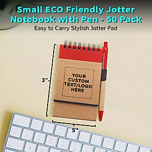 DISCOUNT PROMOS 50 ECO Jotters with Pen Set - Customizable Text, Logo - Recycled Paper, 3 x 5 inches, Minimalist, Handy - Red
