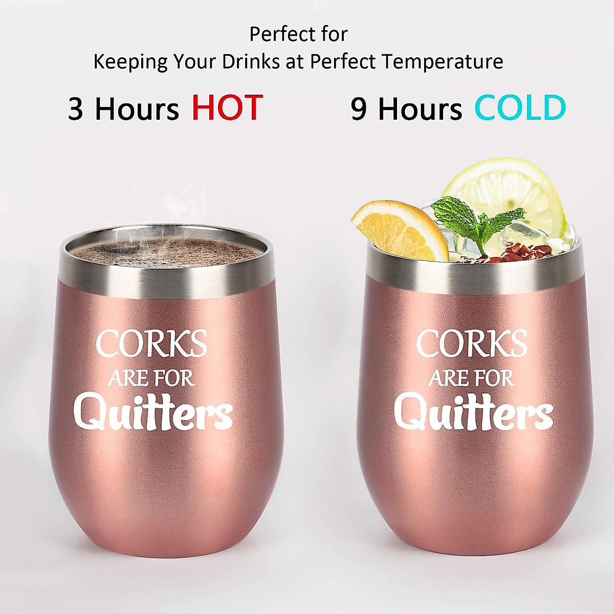 Corks Are For Quitters Stainless Steel Wine Tumbler for Women, Unique Birthday Christmas Gifts for Women Quitters Her Wine Lovers, Stemless Insulated Wine Tumbler with Lid(12oz, Rose Gold)
