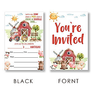 EUDOSI Farm Animals Birthday Party Invitations Supplies Fill-In Set of 20 with Envelopes Barn Farm Animals Birthday Bash Invites Cards, Double Sided