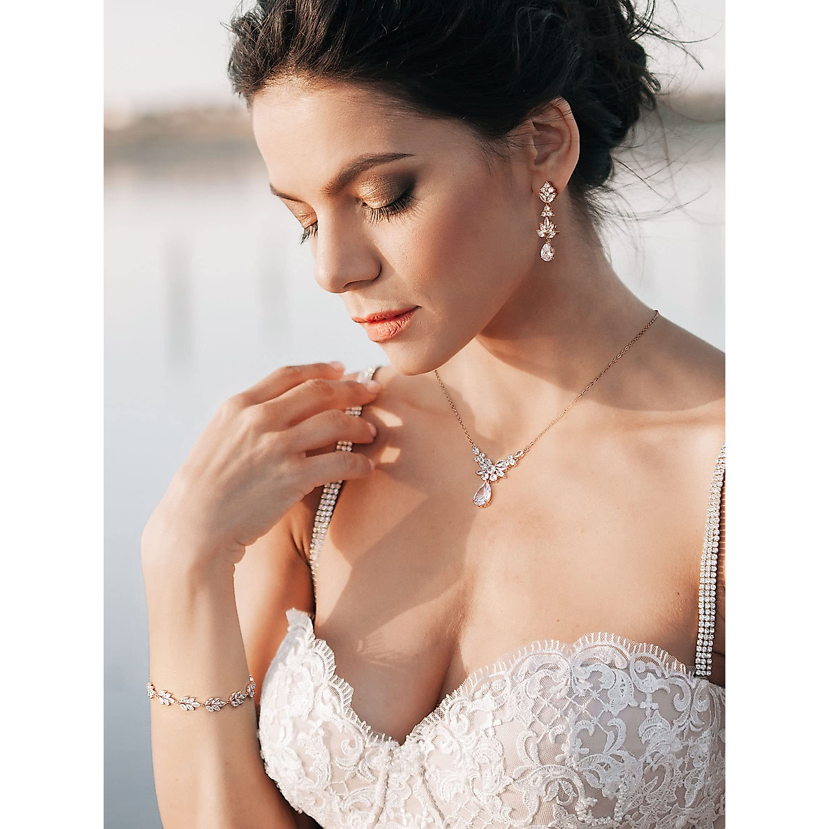 SWEETV Teardrop Wedding Bridal Jewelry Set for Brides Women Bridesmaid, Crystal Rhinestone Backdrop Necklace Earring Sets for Prom (Rose Gold Necklace Earrinags Bracelet)