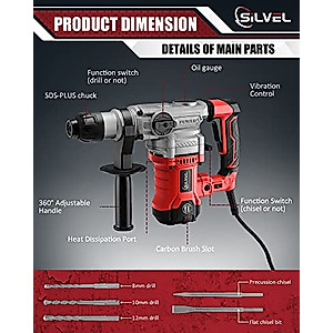 SILVEL 1-1/4 Inch SDS-Plus Hammer Drill, 13 Amp 1500W Rotary Hammer Drill, Heavy Duty Drill with 4 Functions, Demolition Hammer with 3 Drill Bits, Flat Chisels, Point Chisels