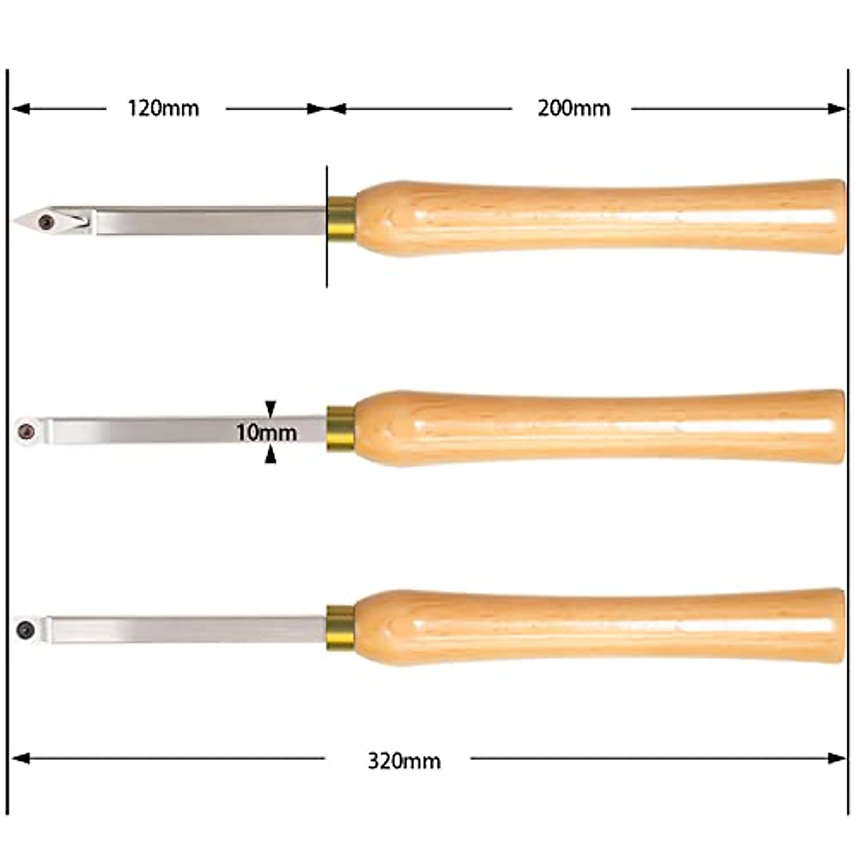 Mini Carbide Tipped Wood Lathe Turning tools Combo set Rougher Detailer Finisher with Wood Handle and Diamond Round Square Carbide Inserts，3pcs