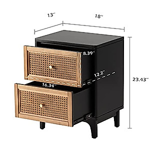 COZAYH Fully-Assembled 2-Drawer Woven Cane Front Accent Nightstand with Brass Knobs for Living Room, Bedroom, Black