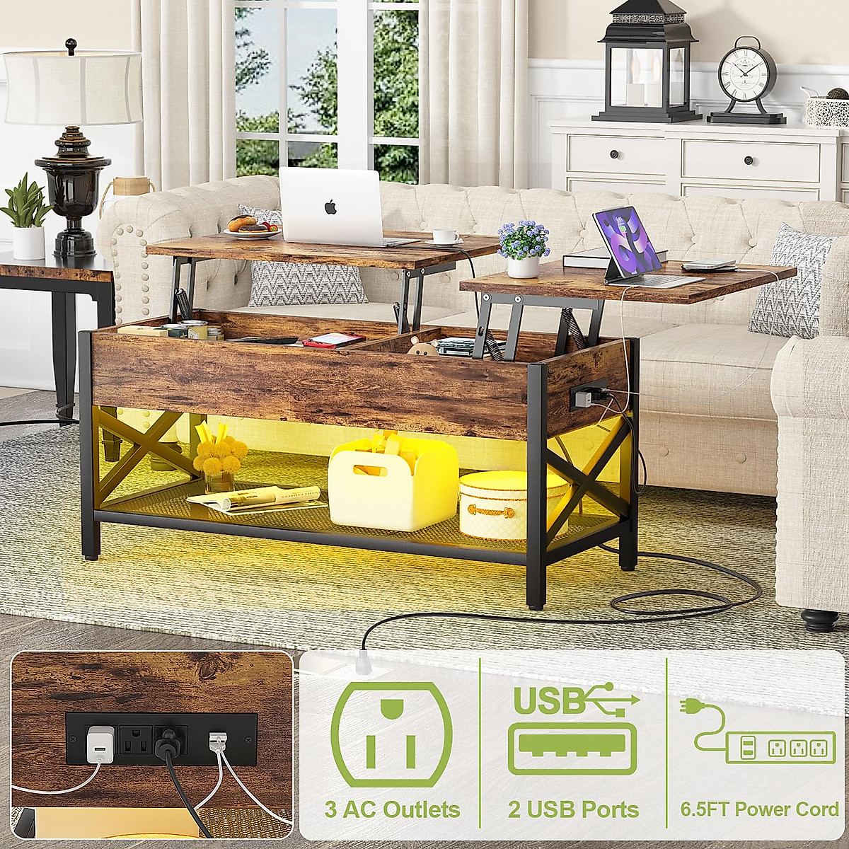 Aheaplus Coffee Table, Lift Top Coffee Table with LED Light and Power Outlet, Modern Lift-Top Center Table with Storage Shelf, for Living Room with Lift Tabletop, X Support Metal Frame, Rustic Brown