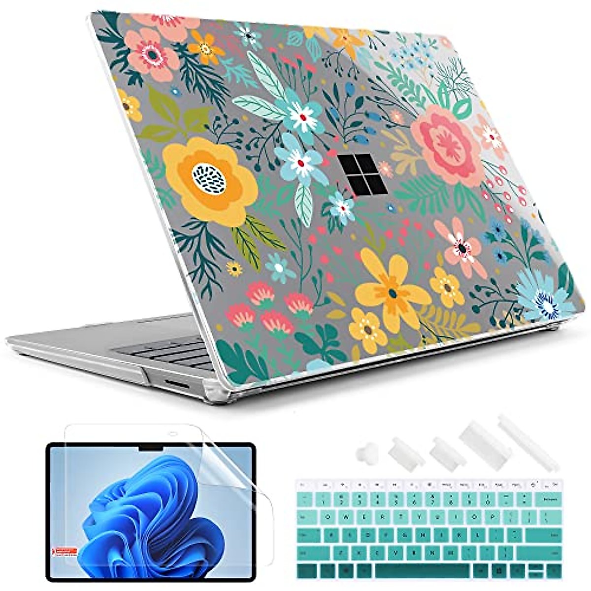 TWOLSKOO Case for 13.5" Microsoft Surface Laptop 5/4/3 with Metal Palm Rest Model 1951/1868, Plastic Hard Shell Case with Screen Protector + Keyboard Cover + Dust Plug, Abstract Flower