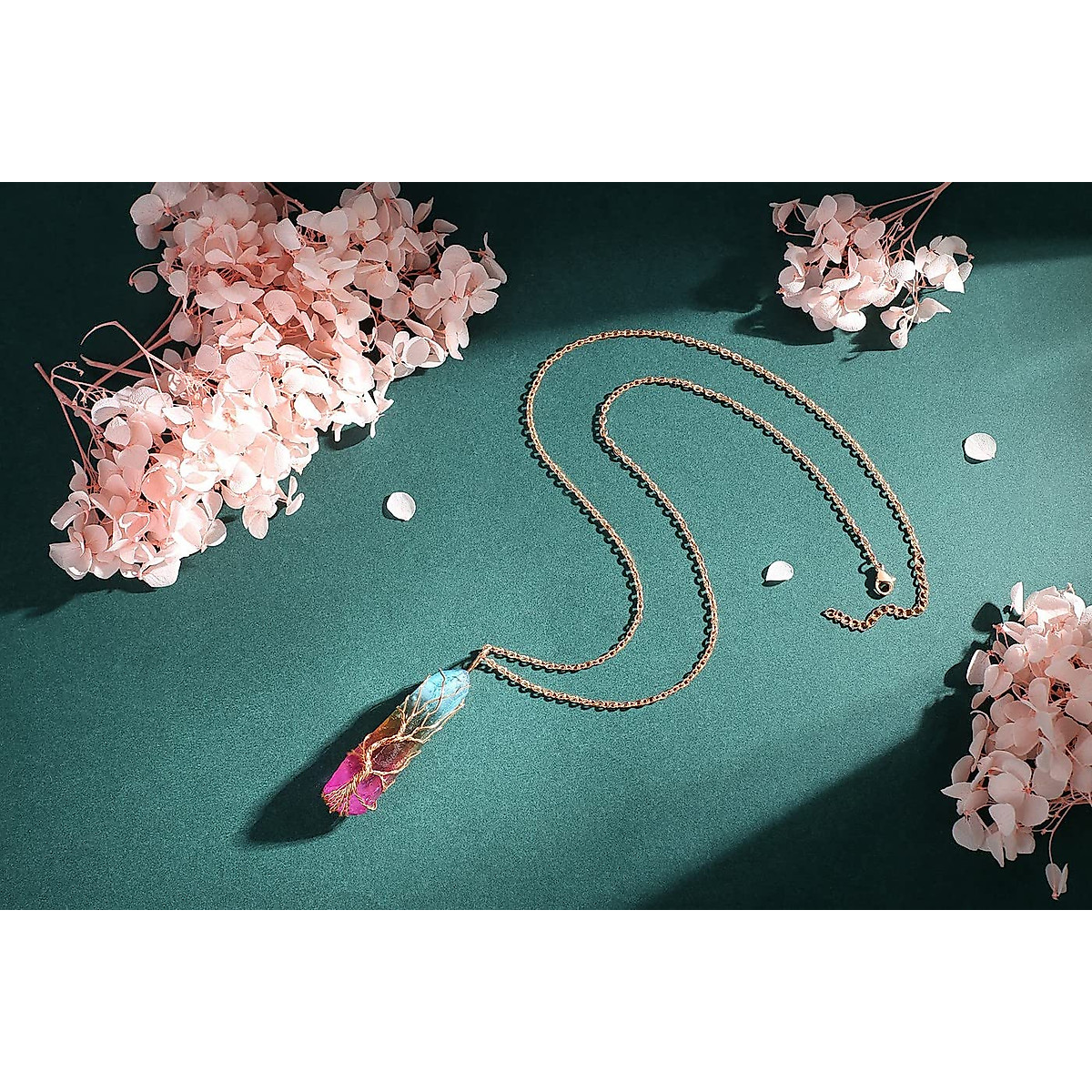 MAIBAOTA Chakra Necklace Life Tree Necklaces for Women Rainbow Necklace Natural Crystal Necklace Rold Plated Wire Wrapped Stone Pendant Necklace