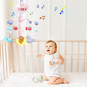 Baby Mobile for Crib Toys with Lights & Sooth Music, Light Moon Bear and Ceiling Projector, Musical Timer, Crib Toys for Babies Age 0M+ (Pink)