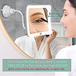 Fabuday Flexible Gooseneck 20X Lighted Magnifying Mirror, Upgraded Lighted Makeup Mirror with Magnification, LED Magnified Mirror for Bathroom, Portable Travel Mirror, Square