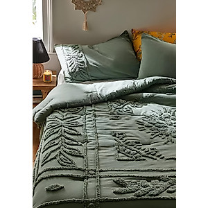 INDACORIFY 3 Piece Floral Tufted Cotton Duvet Cover Set Queen Size Duvet Cover Boho Bedding King Comforter Cover Home Decor Bedding Custom Size (Green, Full 80X90 Inches)