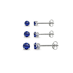 Blue Earrings for Women Sterling Silver Studs Synthetic Spinel Gemstone Sapphire Earring Jewelry Set for Bridesmaids Fashion Trendy Gift, 3mm 4mm 5mm, 3-Pairs