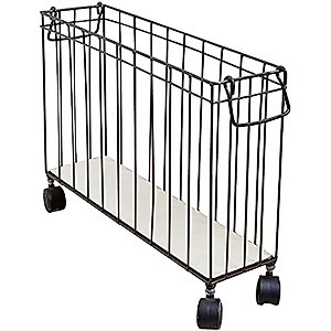 Metal Rack Storage Organizer - Wire Basket File Organizer - Magazine Holder - Metal Wire Rack Caddy w/ Wheels & Removable Liner - Slim Small Basket Storage Container, 19.7x5x13.8” Black Wire Basket