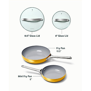 Caraway Nonstick Ceramic Mini Fry Pan With Glass Lid (1.05 qt, 8") - Non Toxic, PTFE & PFOA Free - Oven Safe & Compatible with All Stovetops (Gas, Electric & Induction) - Marigold