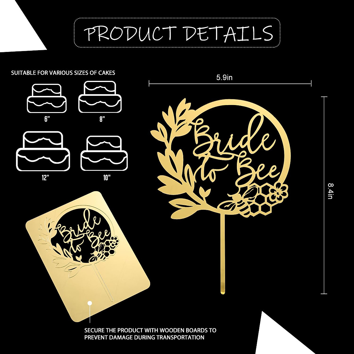 Bride to Bee Wreath Wedding Cake Topper,wedding engagement theme Cake topper, bridal shower theme decor, Rustic Wedding Party (Golden Acrylic)