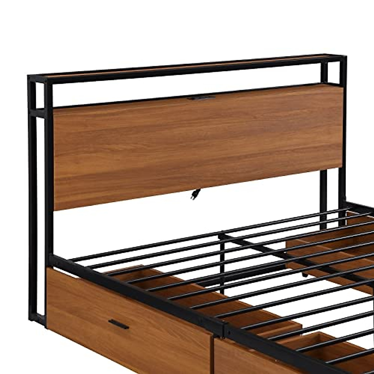 Banemi Queen Bed Frame with Drawers, Queen Size Platform Bed Frame Black Metal Bed Frame with Four Drawers Sockets and USB Ports Slat Support