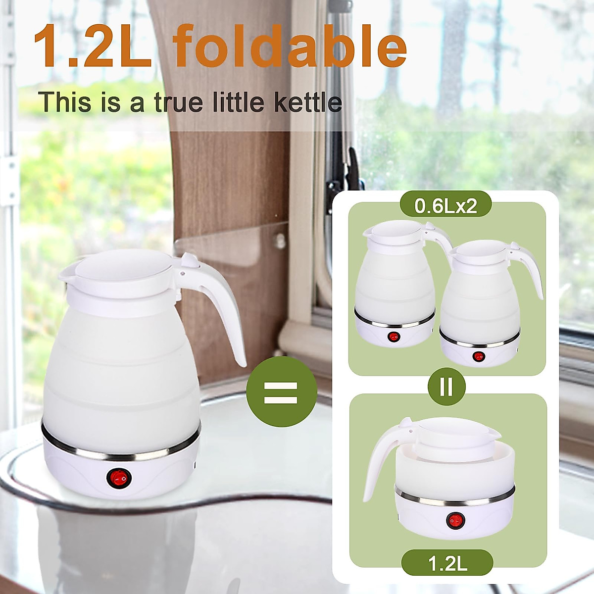 1.2 Liter -White Travel Collapsible Electric Kettle Boils Water Fast, Small Size, Large Capacity, Easy to Fold and Store, Food Grade Silicone Small Tea Kettle