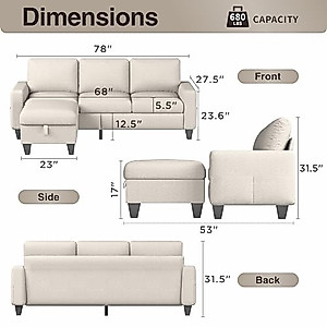 Beige Sectional Sofa Couch L Shaped Couchs with Ottoman Convertible 3 Seat Sofas for Living Room Small Space Apartment, Ottoman with Storage Space