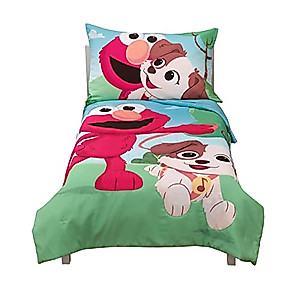 Sesame Street Furry Friends Blue, Green and Red Elmo and Puppy 4 Piece Toddler Bed Set - Comforter, Fitted Bottom Sheet, Flat Top Sheet and Reversible Pillowcase