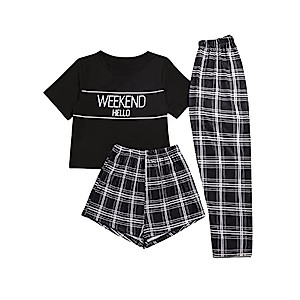 SweatyRocks Women's 3 Piece Plaid Pajama Letter Print Short Sleeve Tee and Shorts Pants Set Black M