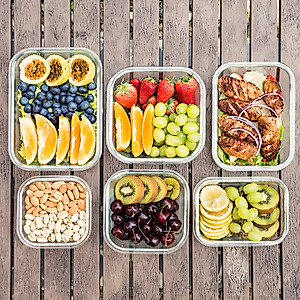 HOMBERKING Large Glass Food Storage Containers with Lids, [12 Piece] Glass Meal Prep Containers, Airtight Glass Bento Boxes, BPA Free & Leak Proof (6lids & 6Containers)(Square & Rectangle)- White