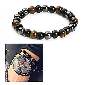 COLORFUL BLING 2/4 Pcs Triple Protection Bracelet Natural Bring Luck and Prosperity Obsidian Bracelet Black Obsidian - Hematite - Tiger Eye - Stone Bracelets - 4 Pcs