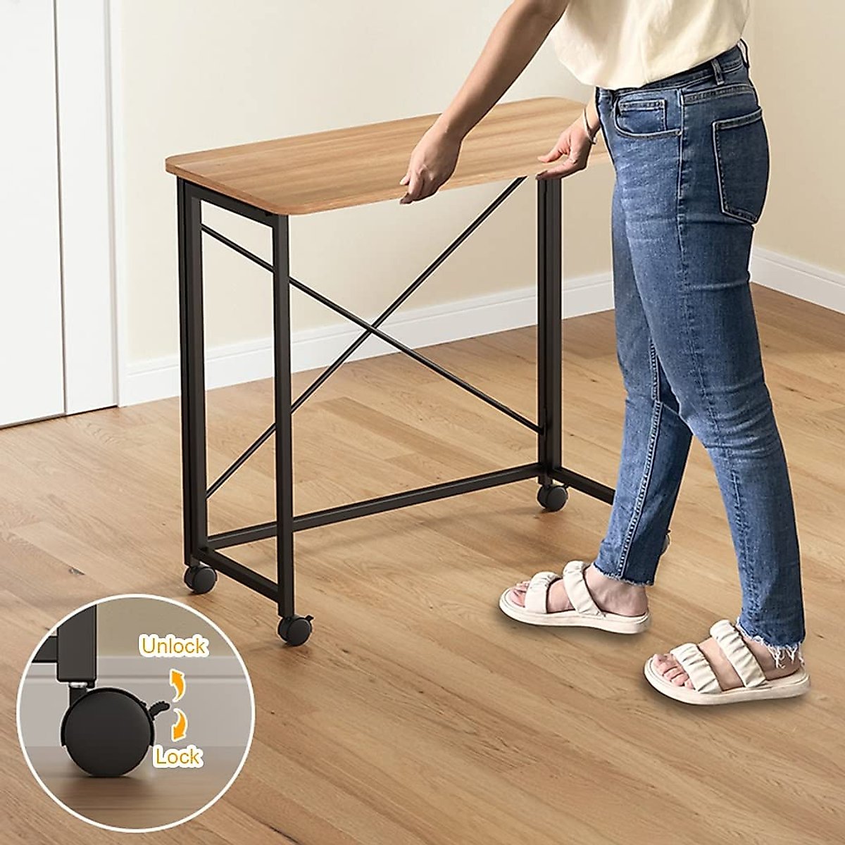 GUINJO Folding Desk with Wheels, No Assembly Required, 31.3/39.4 inch Mobile Writing Computer Desk Space Saving Foldable Table Simple Home Office Desk (Color : Wood, Size : 80 * 40 * 75cm)